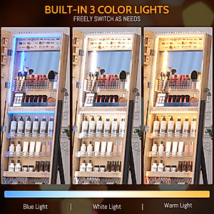 LVSOMT LED Standing Jewelry Mirror Cabinet, Stand Up Full Length Mirror with Storage, Lockable Floor Jewelry Armoire Organizer with 2 Drawers, Bottom Shelf, Built-in Lighted Makeup Mirror (Brown)