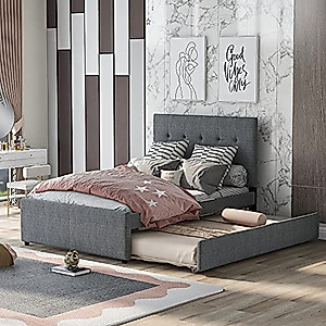 GLORHOME Full Size Upholstered Platform Bed with Headboard and Trundle,Wood Slat Support, Space Saving Furniture for Bedroom, Grey1