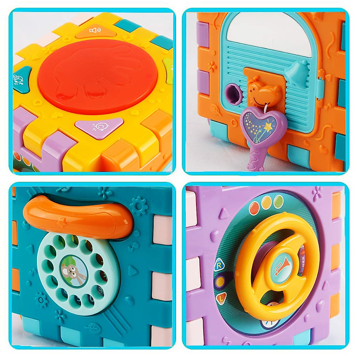 WISHTIME Baby Activity Cube, Baby Stack Toys with Shape Color, Musical Toys Interactive Educational Activity with Drum, Gift Toys for Infants Toddlers Kids Boys Girls