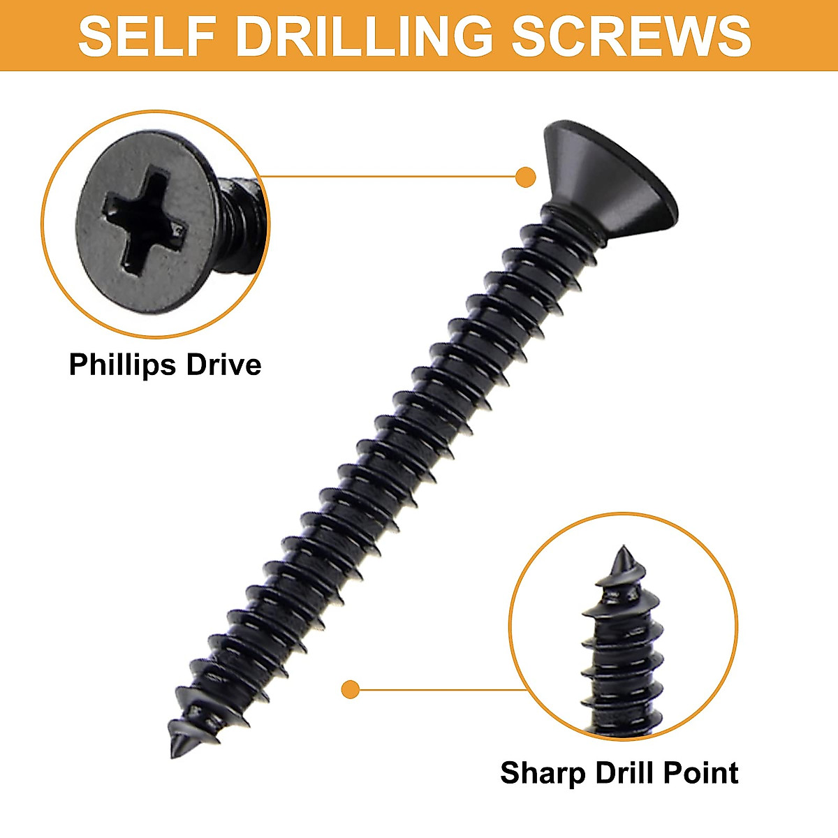 VIGRUE 175 Pcs #8 Wood Screws Black Oxide Coated Stainless Steel Flat Head Phillips Drywall Screw Assortment Kit, Self Tapping Screws Kit