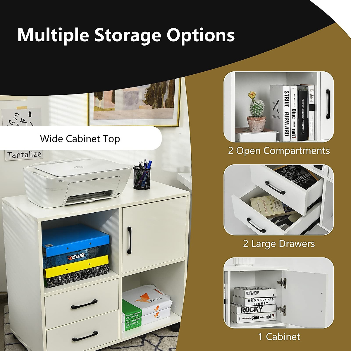 Giantex Printer Stand Under Desk - Mobile File Cabinet with 2 Drawers, Lateral Cabinet, 2 Open Compartments, Lateral Rolling Filing Cabinet on Wheels for Home & Office Use Printer Table (White)