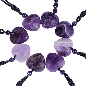 TUMBEELLUWA Carved Stone Heart Shape Necklace Chakra Quartz Pendant with Cord Amulet Healing Crystal Jewelry for Unisex, Amethyst