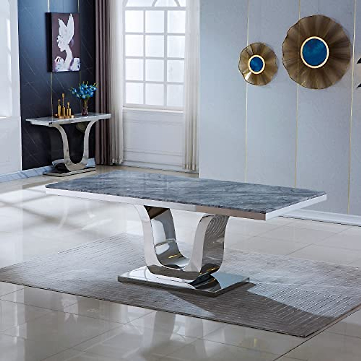 78'' Marble Dining Room Table for 6 or 8, Dining Table with Silver Stainless Steel "U" Shaped Pedestal, Rectangular Kitchen Table with 0.71'' Thick Gray Marble Tabletop, Mirror Finish Base(No Chairs)