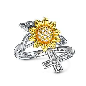 LONAGO Sunflower Cross Ring 925 Sterling Silver You Are My Sunshine Adjustable Size Ring Religious Crucifix Jewelry Gift for Women (8)