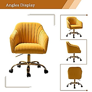HULALA HOME Velvet Home Office Desk Chair, Modern Cute Computer Task Chair, Wheels Swivel Height Adjustable Upholstered Vanity Chair for Women, Girls (Gold Base, Mustard)