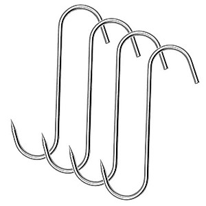 4pc 9" Heavy Duty & Thick ALAZCO Stainless Steel Meat Processing Butcher Hook - Wild Game, Smoking Ribs BBQ Large Fish, Hunting, Carcass Deer Hanging S-Hook Excellent Quality 9mm Thick