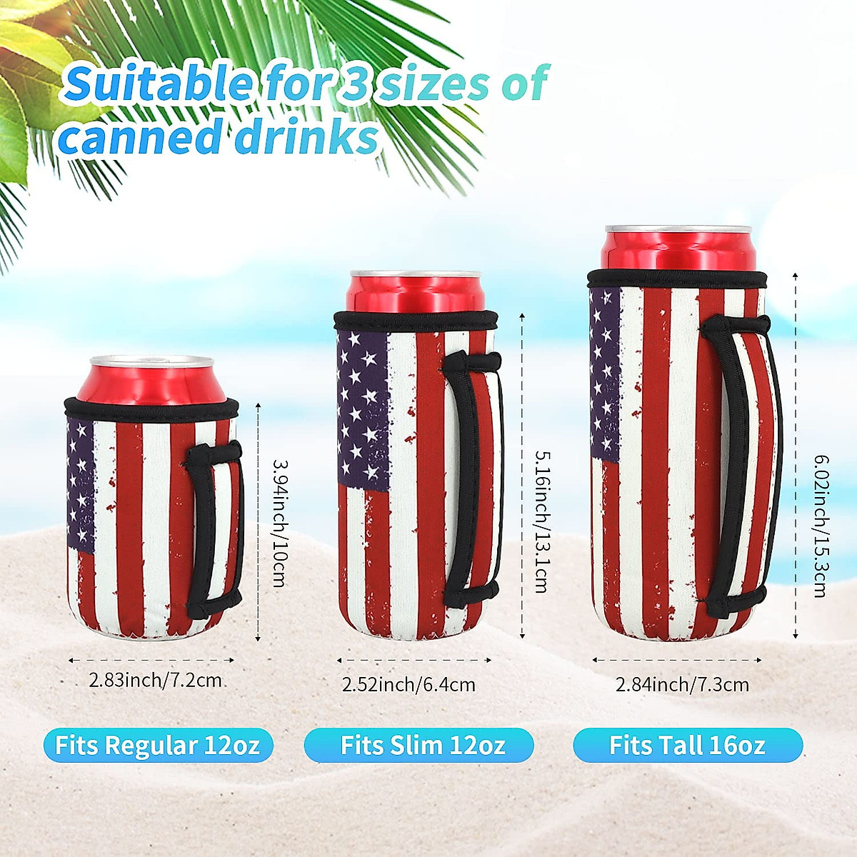 3 Pack Reusable Neoprene Insulated Can Sleeve with Handle for Soda, Energy drink, Pop, Beer, Hard Seltzer, Can Coosies For 12oz & 16oz Can, 12oz Slim can (American Flag(3Pack))