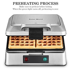 Waffle Maker, Roter Mond Belgian Waffle Maker, 4 Slice Square Stainless Steel Waffle Maker, Non-Stick Surface for Easy Cleaning for Family Use Breakfast, Save Space for Storage,1300W, Silver