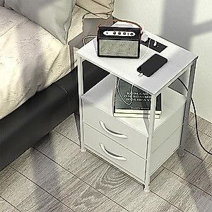 DOMYDEVM White Nightstand with Charging Station Bedroom Night Stand Bedside Table with USB Ports and Outlets Small Side End Table with 2 Fabric Storage Drawers for Living Room Dorm