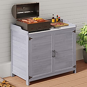 Gizoon Outdoor Potting Bench with Metal Tabletop, Double Doors Garden Potting Table with Adjustable Shelf, Wooden Planting Table Potting Stand for Backyard, Patio, Lawn -Grey