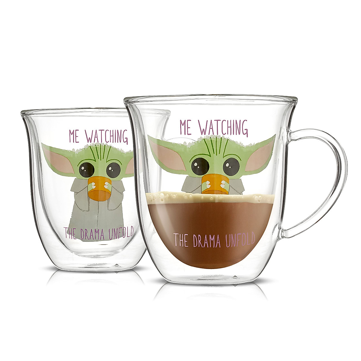 JoyJolt Watching The Drama Unfold Grogu 13.5oz Coffee Mug, Double Wall Mug Set of 2. Large Espresso Cups, Cappuccino or Latte Cup. Mandalorian Star Wars Mugs, Glass Coffee Cup, Insulated Coffee Mug