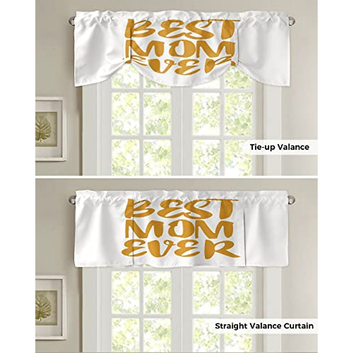 Funnywall88 Tie Up Curtain Valance for Living Room,Gold Best Mom Ever White Background Valance for Kitchen Window Valance Adjustable Tie-up Valance 18 Inch Rod Pocket 1 Panel