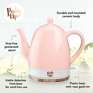 Pinky Up Noelle 1.5 L Ceramic Gooseneck Spout Electric Tea Kettle with Temperature Control - Cordless Design for Boiling Water Pot, Pink, Rose Gold