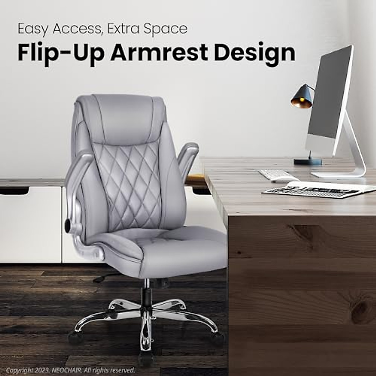 NEO CHAIR Office Chair Computer High Back Adjustable Flip-up Armrests Ergonomic Desk Chair Executive Diamond-Stitched PU Leather Swivel Task Chair with Armrests Lumbar Support (Grey)