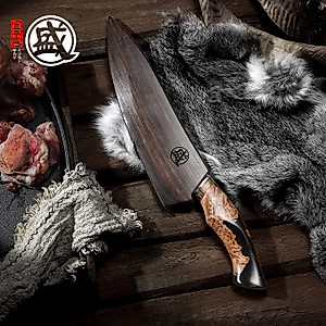 MITSUMOTO SAKARI 8 inch Hand-Forged Japanese Gyuto Chef Knife, Professional 440C Damascus Kitchen Knife, Advanced Art Forging Meat Cleaver Chef's Knives (MapleWood Handle & Gift Box)