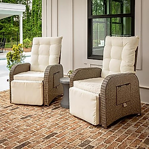 Flash Furniture Nemo Indoor/Outdoor Patio Wicker Rattan Recliner, Lounge Chair with Flip-Up Side Table, Beige/Brown