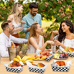 50 Pcs Checkered Paper Food Trays with 50 Deli Liner Disposable Racing Party Food Boat Black and White Plaid Food Serving Tray for Racing Theme Birthday Baby Shower Party Popcorn Nacho Snack Hot Dog