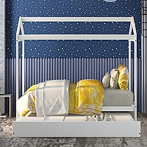 House Bed with Trundle for Kids and Toddlers, Wood Twin Size House Bed Frame, Can Be Decorated, White