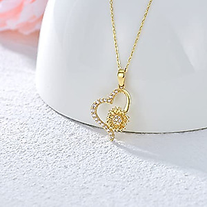 Solid 14k Gold Sunflower Heart Necklace for Wome, Real Gold Flower Necklace You are May Sunshine Necklace Love Jewelry Gifts for Wife, Mom, 16''-18''