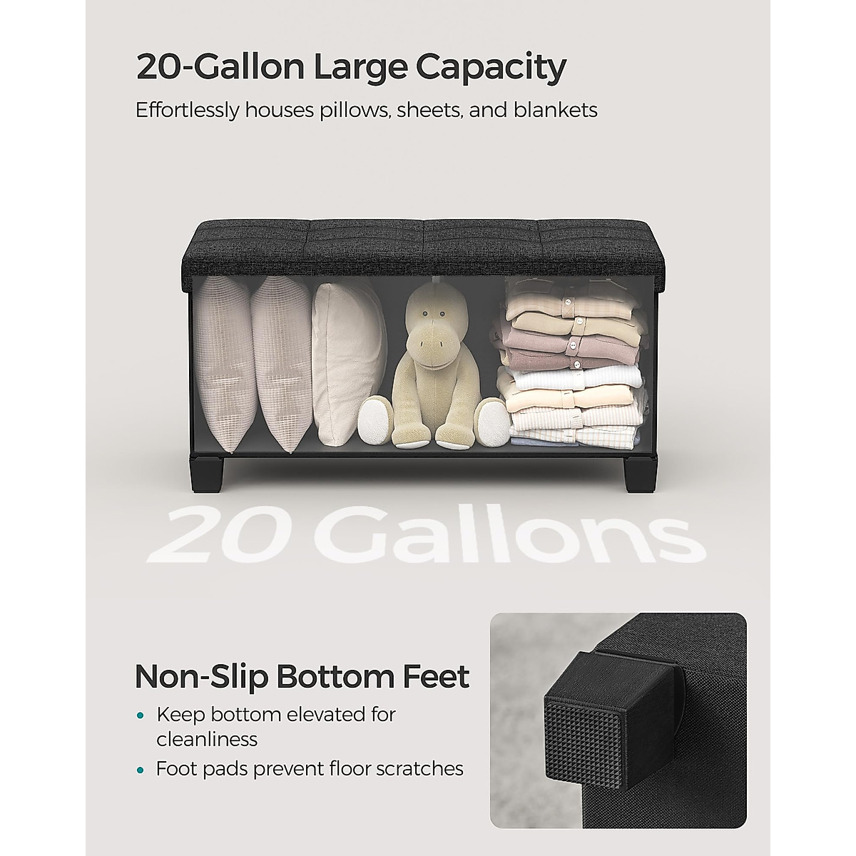 SONGMICS Folding Storage Ottoman Bench for Living Room and Bedroom, 15 x 30 x 15.7 Inches, Black ULSF016B01