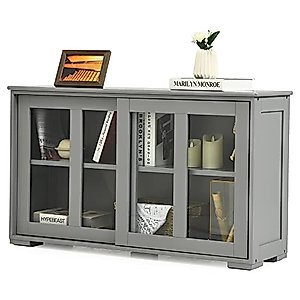 LOKO Stackable Buffet Cabinet, Kitchen Storage Cabinet with Sliding Tempered Glass Doors, Small Sideboard for Kitchen, Dining Room or Living Room, 42 x 13 x 24.5 inches (Grey)