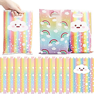 50 PCS Rainbow Party Favor Bags Cloud Happy Birthday Goodie Bags Rainbow Theme Colorful Candy Treat Bags Durable Plastic Rainbow Gift Bag for Baby Shower Boys Girls Birthday Party Decorations Supplies