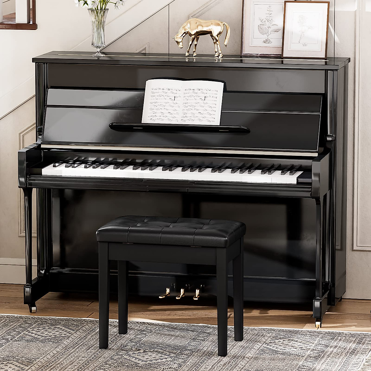 HOOBRO Piano Bench with Padded Cushion and Storage Compartment for Music Sheet, Music Bench, Piano Stool, Vanity Chair, Holds up to 300 lb, 21.9 x 13.6 x 19.3 Inches, Black BB16QD01