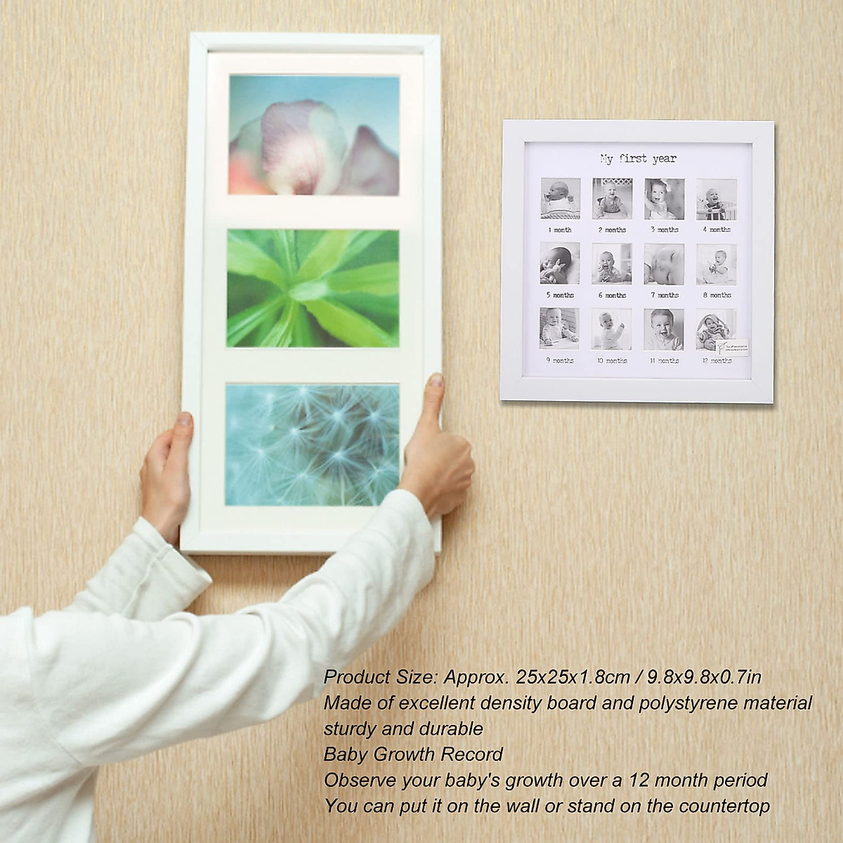 Aqur2020 Baby First Year Picture Frame, White, Rectangular, Plastic, Horizontal, Unisex Adult, 25x25x1.8 cm / 9.8x9.8x0.7 in