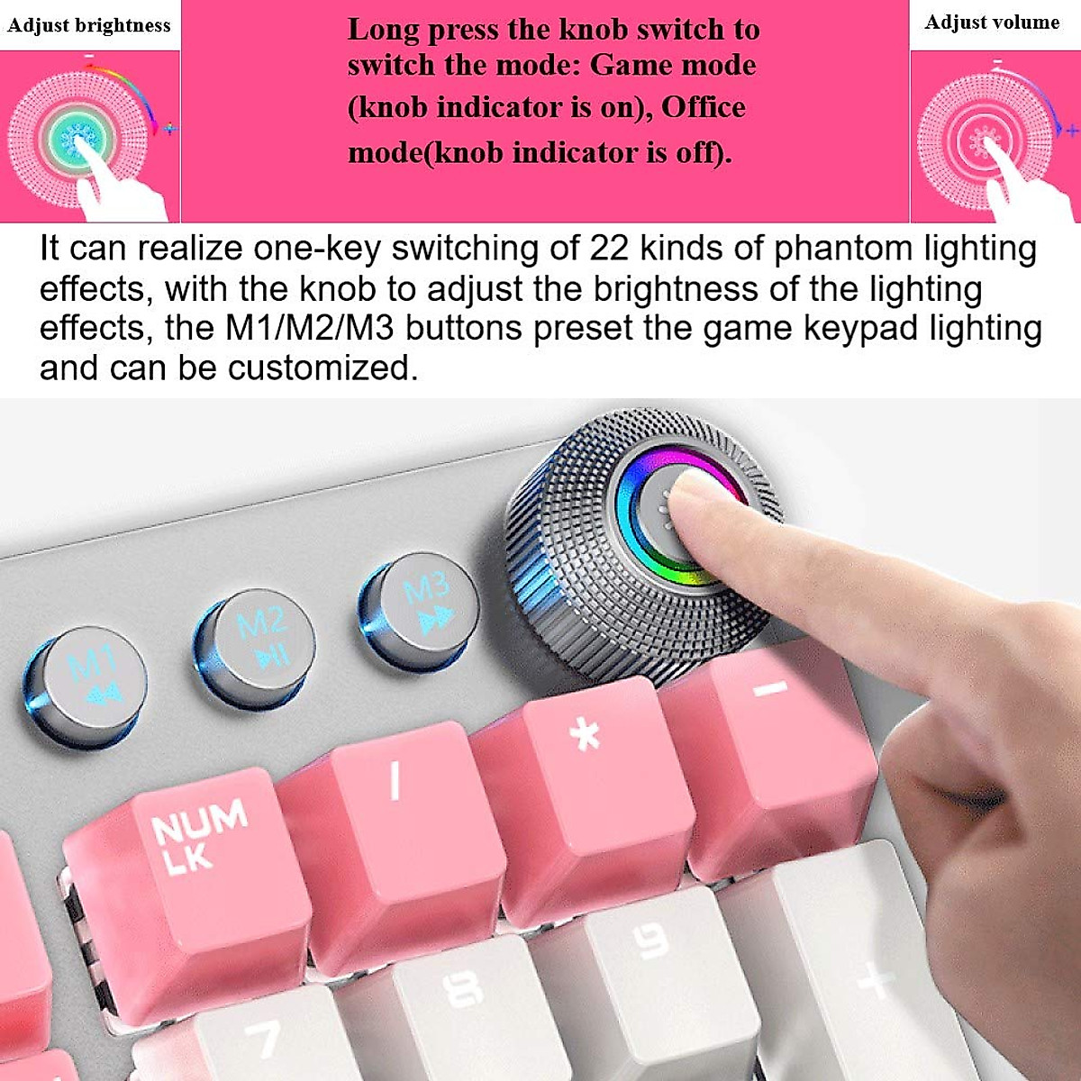 Mechanical Gaming Keyboard, with Multimedia Knob, Wrist Rest, Metal Panel, White LED Backlit, Pink and White PBT Keycaps, USB Wired Full-size Keyboard for Gamer Office PC Laptop Mac (Blue Switch)