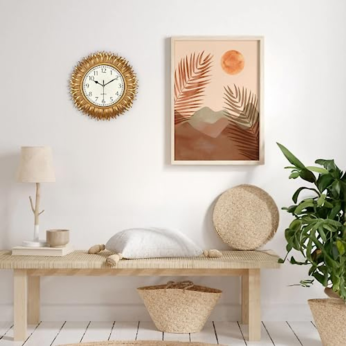 SkyNature Wall Clocks Battery Operated, 12 Inch Boho Sunflower Wall Clock for Living Room Decor, Silent Non-Ticking Small Analog Clock for Kitchen, Bedroom, Bathroom, Office - Gold