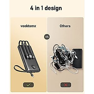 VEEKTOMX Portable Charger with Built in Cables, 10000mAh Ultra Slim Power Bank with 5 Outputs and LED Display, External Battery Compatible with iPhone/iPad/Samsung and Other Smart Devices for Travel