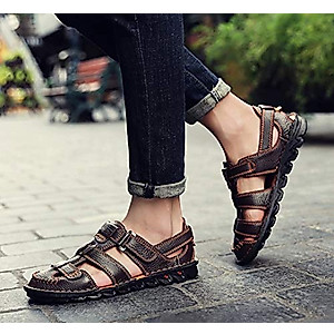 Mens Summer Casual Closed Toe Leather Sandals Outdoor Fisherman Adjustable Beach Shoes