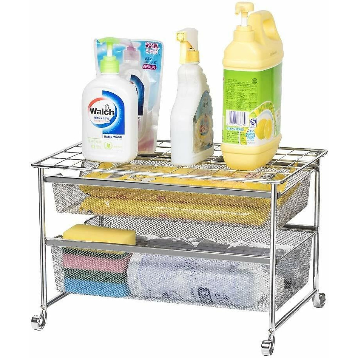 Stackable 2-Tier Under Sink Cabinet Organizer with Sliding Storage Drawer, Pull Out Cabinets Organizer Shelf Baskets, for Kitchen, Pantry, Under The Sink, Cabinet, Bathroom, Silver