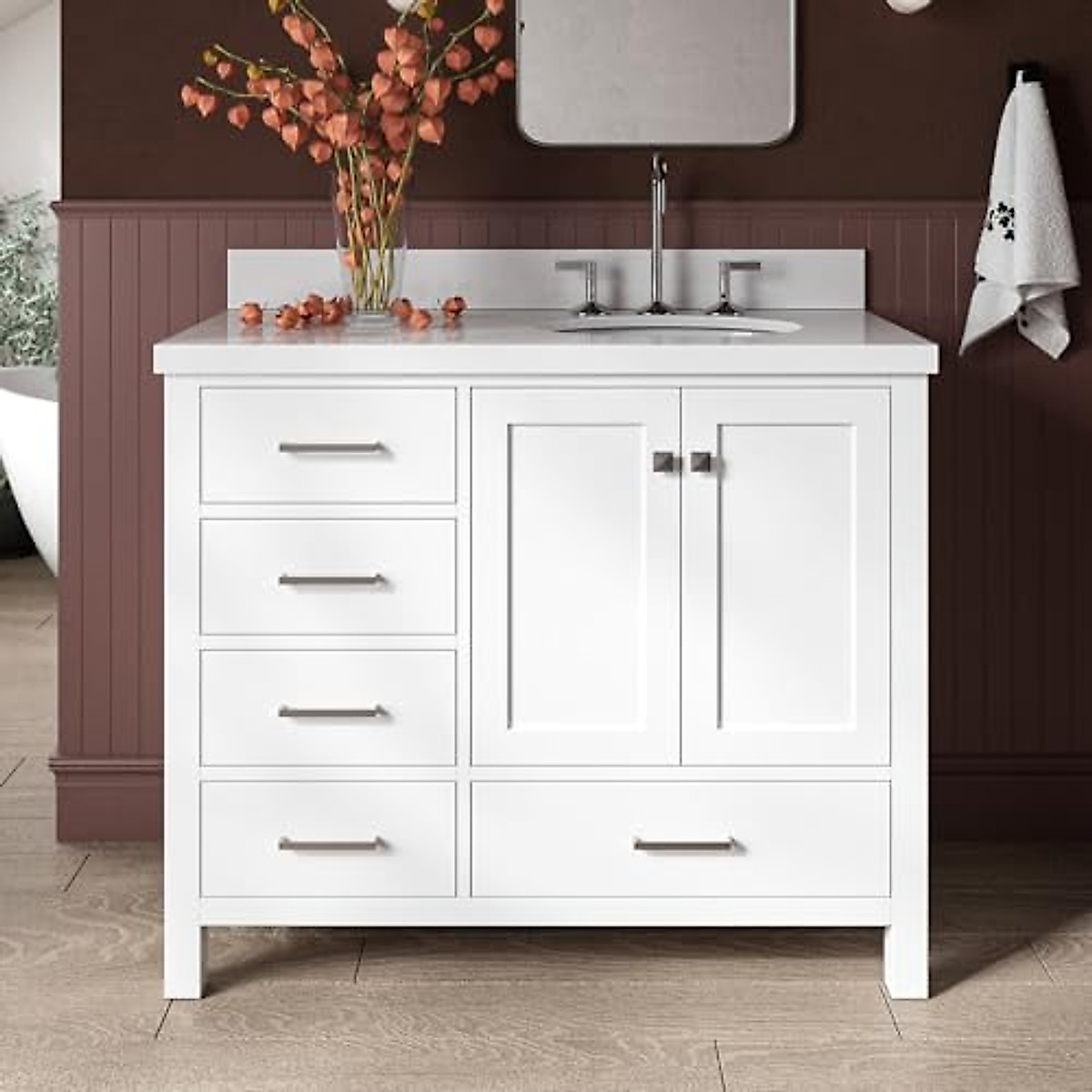 ARIEL Cambridge 43 Inch White Bathroom Vanity with Sink, 1.5" Edge Quartz Countertop, Solid Wood, Right Oval Sink, 2 Soft Closing Doors, 5 Full Extension Dovetail Drawers