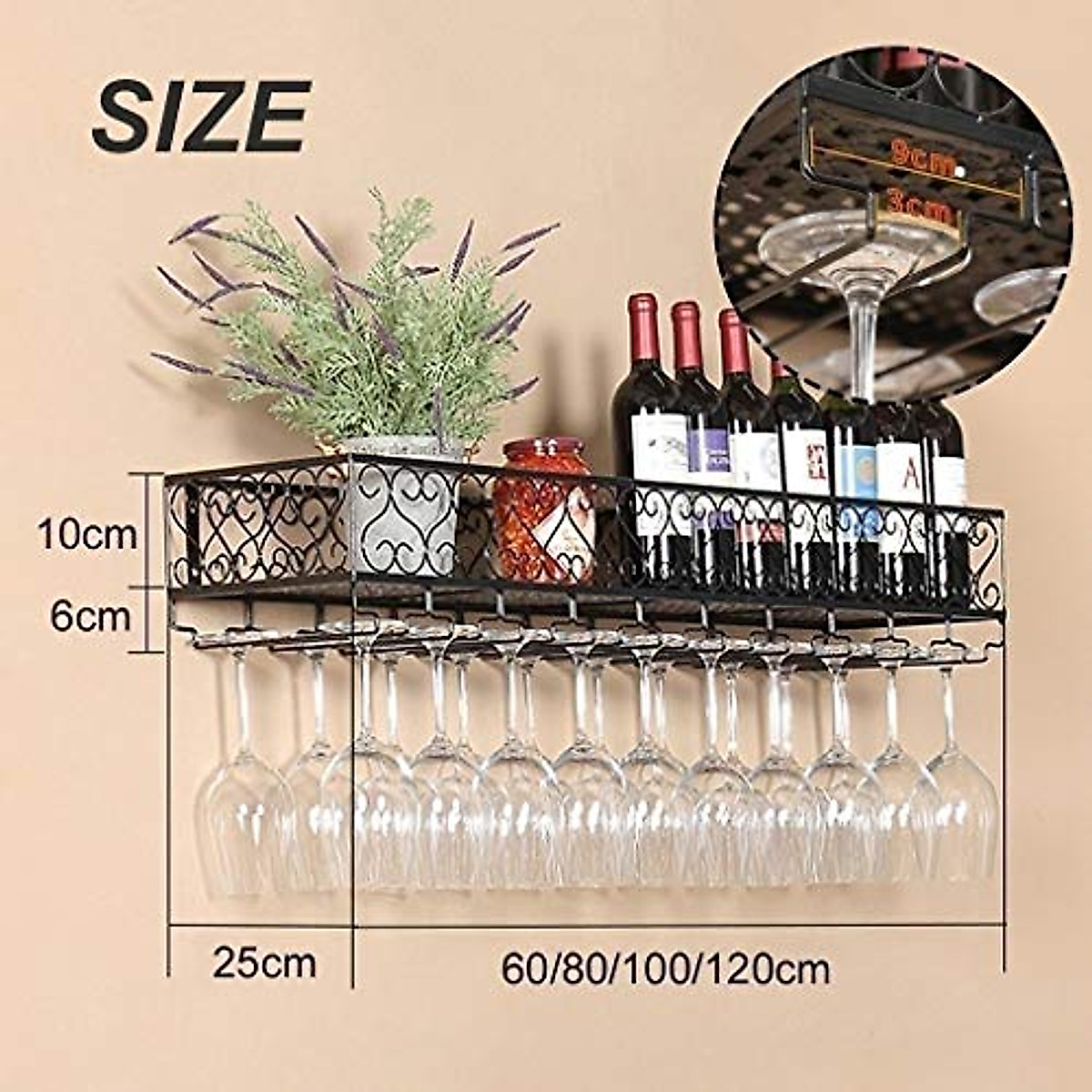 Wall Hanging Wine Rack with Glass Holder and Wine Bottle Shelf, Metal Wall Mount Bar Wine Glass Rack Stemware Goblet Storage Holder (Size : 80×25cm(32×10inch))