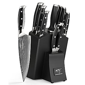 Damascus Kitchen Knife Set with Block, Razor Sharp 67-Layer VG10 Steel and Triple Rivet Handle, Included Chef/Santoku/Utility/Bread/Paring Knives, Sharpener, Kitchen Shears-Natural Wooden Block, 9Pcs