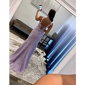 Lace Applique Mermaid Prom Dresses for Women 2024 Tulle Formal Evening Gowns for Women with Slit Long Elegant Evening Dresses Wisteria 8