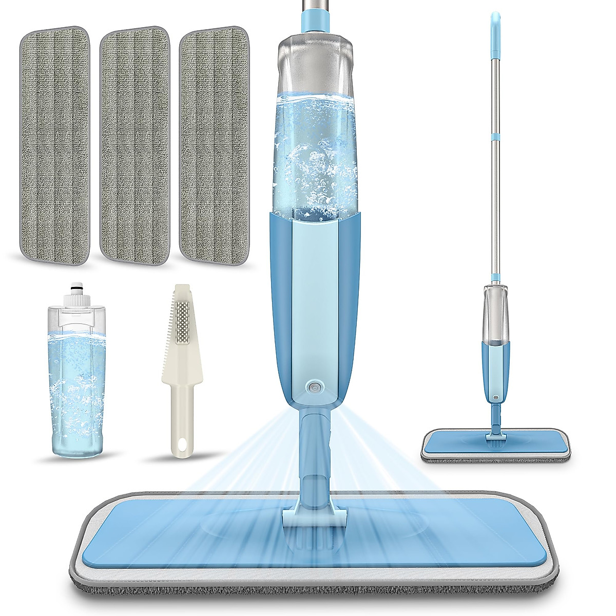 MEXERRIS Microfiber Spray Mop for Floor Cleaning Wet Dry Mop 360 Degree Spin Microfiber Dust Mop Hardwood Floor Mop with 410ML Refillable Bottle Include 3 Microfiber Reusable Pads and 1 Scrubber