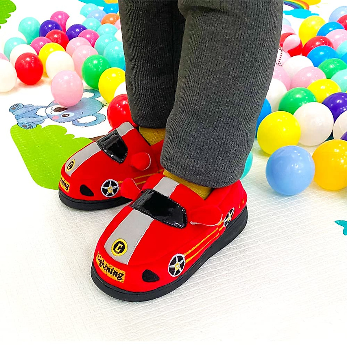 Kids Toddler Boys Red Car Slippers Winter Warm Anti-Slip Indoor Home Shoes (Red car, 12-13 Little Kid, numeric_12)