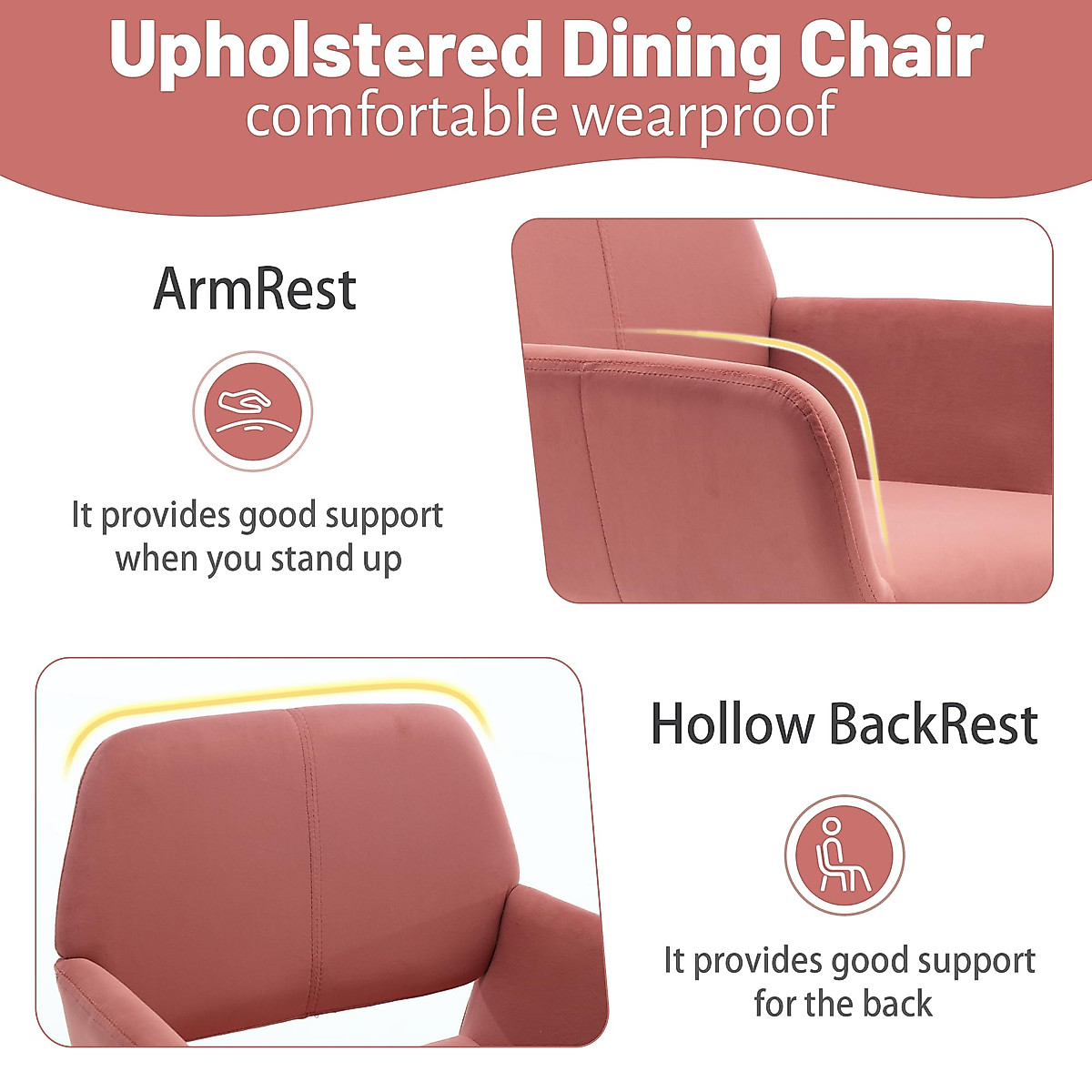 KCC Small Modern Dining Room Arm Chairs 1 Piece, Mid-Century Upholstered Velvet Side Seat Club Guest with Metal Tube Legs for Kitchen, Living Room, Rose