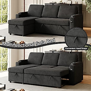 Eafurn 3-Seaters Corner Sectional Sofa Convertible Pull Out Couch Bed with Reversible Chaise Lounge and Hidden Arm Storage & Cup Holders, L Shaped Sleeper Sofa&Couches for Living Room Apartment Dorm