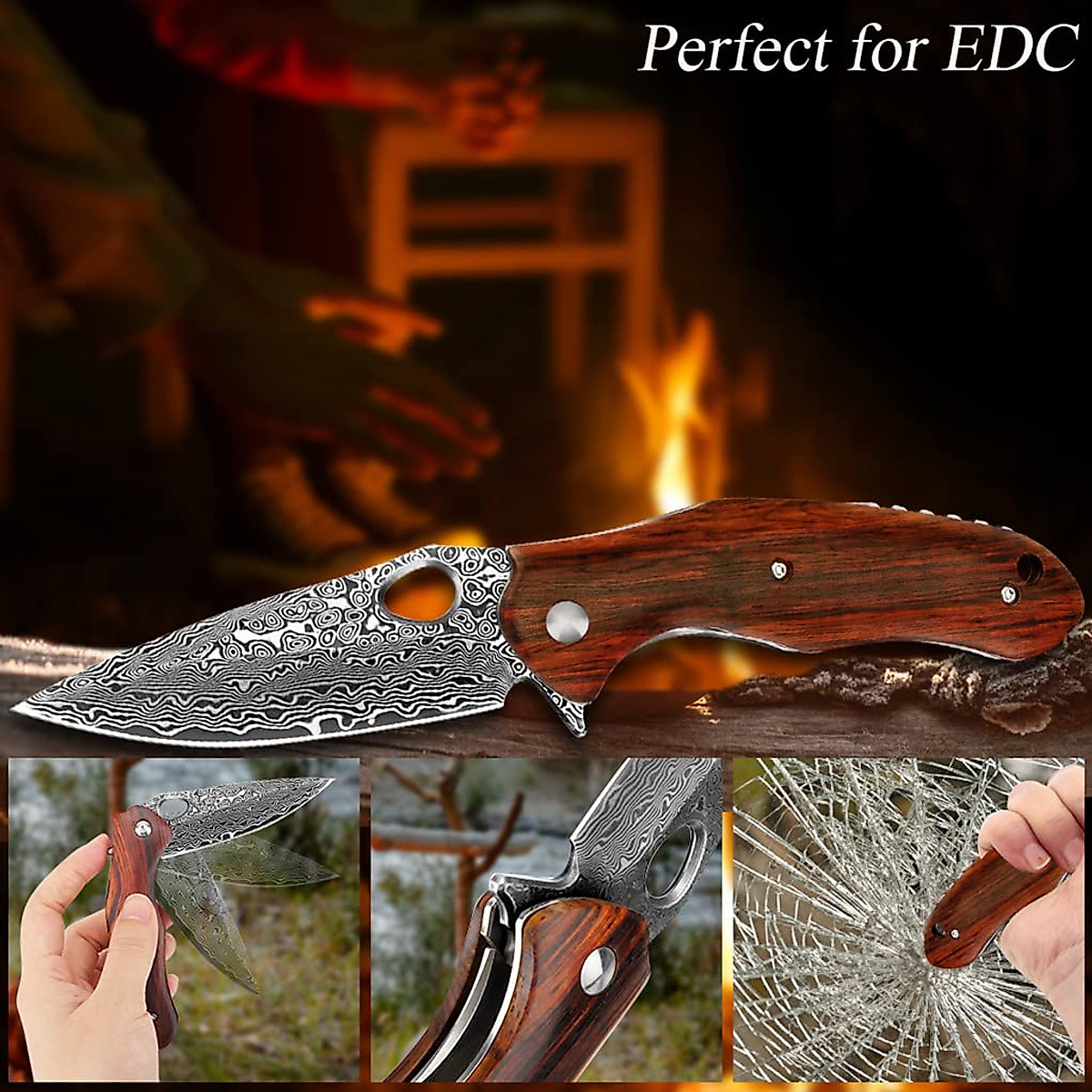 Benkey VG10 Damascus Abalone Seashells Pocket Knife and VG10 Damascus Natural Wood Pocket Knife Bundles