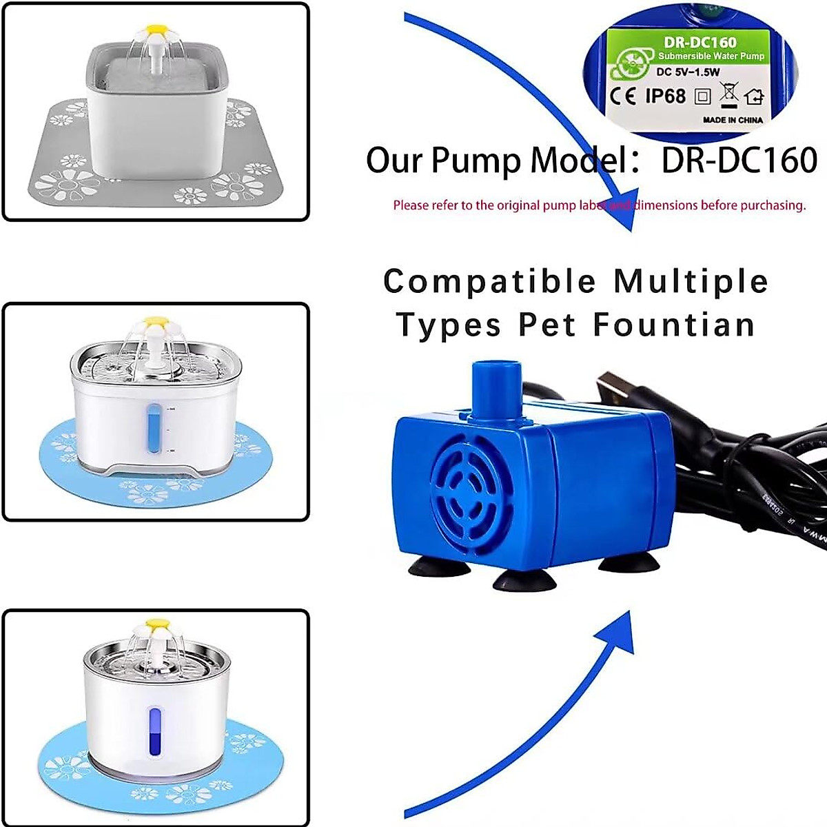 Cat Water Fountain Pump, Pet Water Fountain Pump Replacement Pump DR-DC160 Motor for for Round, Cubic, Flower Cap Cat Fountain