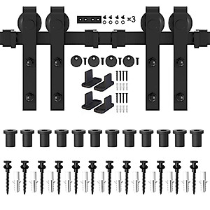 WINSOON 15FT Barn Door Hardware Kit: Double Sliding Door Hardware - Heavy Duty Black Barn Door Track Kit - Carbon Steel Sliding Barn Door Rail - J-Shape Easy to Install for 90" Closet Panel(No Door)