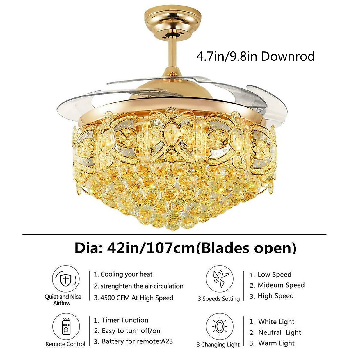 Lighting Groups 42 Inch Invisible Ceiling Fan with 3-Color Changing Light Remote Control Retractable Blades Fandelier for Living Room Dining Room Reversible Ceiling Fan with Indoor Lights (Gold)