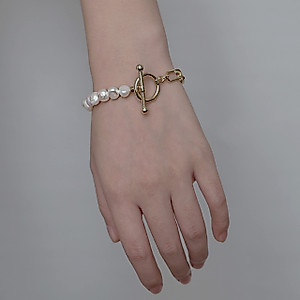 Cowlyn Paperclip Pearl Bracelet Baroque Culture Link Chain 14K Gold Plated Dainty Handmade Bangle Charm Jewelry Present for Women