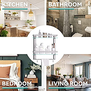 GeekDigg bathroom glass shelf with towel bar, 2 tier wall mounted tempered glass shower storage organizer with 8MM extra thick, 15.2 by 5 inches - Not Brushed Nickel