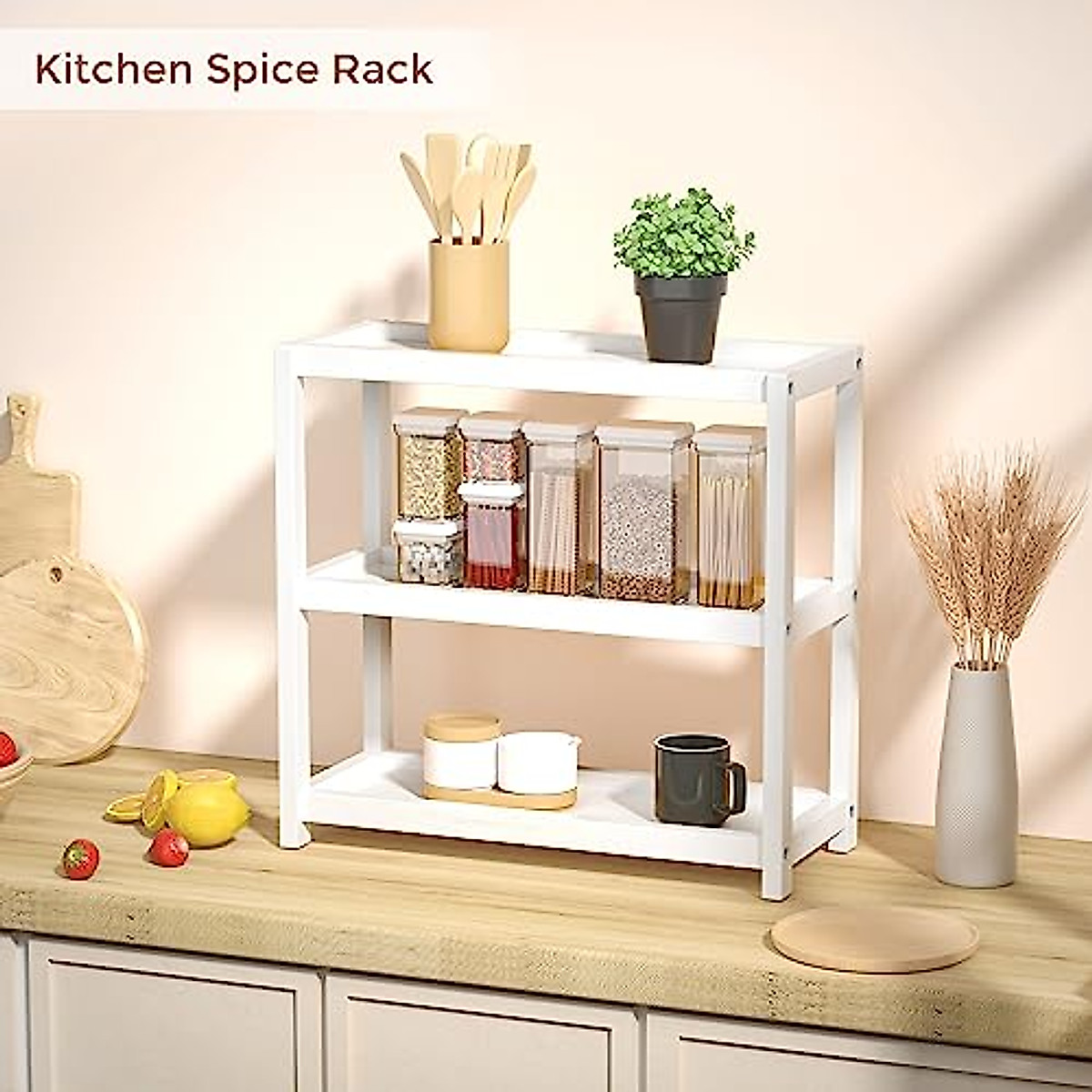 Bathroom Countertop Organizer - 3 Tier Bamboo Storage Shelf for Makeup, Skincare, Spices, Seasonings - Bathroom Vanity Accessories - Wall Mounted Floating Shelves - Over Toilet Shelving, Simply White