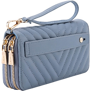 B BRENTANO Vegan Leather Double Zipper Pocket Wallet with Grip Hand Strap (Chevron Embroidered Blue)