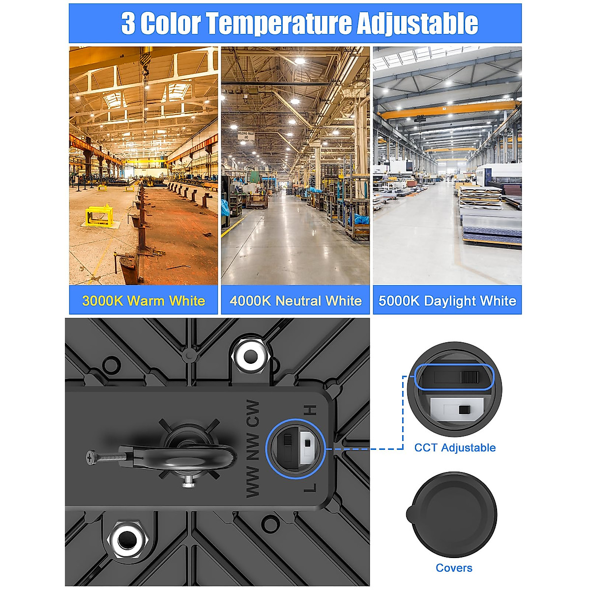 KUKUPPO 2 Pack 240W LED High Bay Light UL&DLC Listed, 36,000lm 240W/190W/140W, 3000K/4000K/5000K Adjustable LED UFO High Bay Shop Light Warehouse Light, 0-10V Dimmable, AC100-277V with Plug, Black